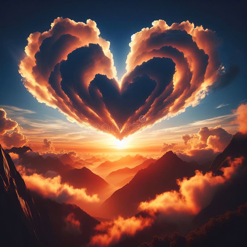 Heart-shaped Clouds at Sunset. Generative AI Stock Illustration ...