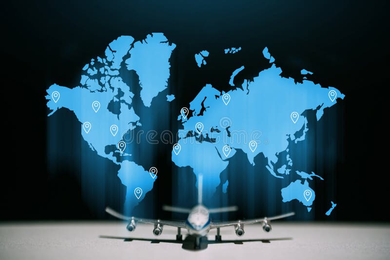 Plane Model with Holographic World Map with Waypoints Stock Photo ...