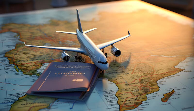 Plane Model on Passport with Map. Travel Concept Stock Illustration ...
