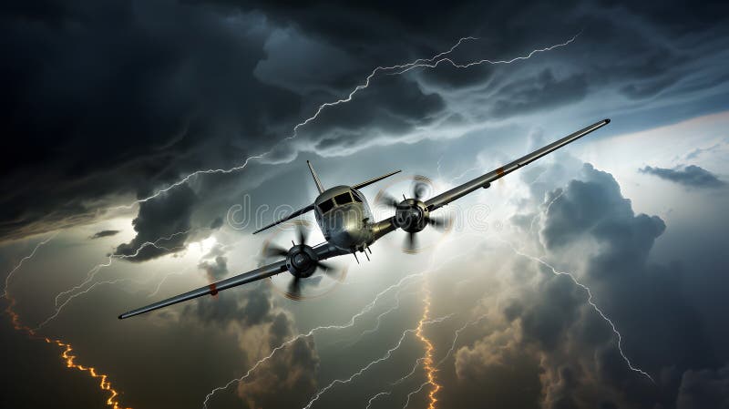 Plane Navigating through Powerful Storm Clouds and Lightning Stock ...