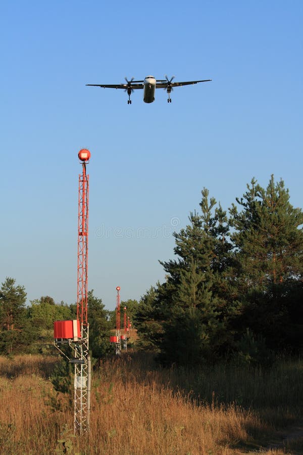 Plane Over Approach Lighting System Stock Image - Image of lights ...