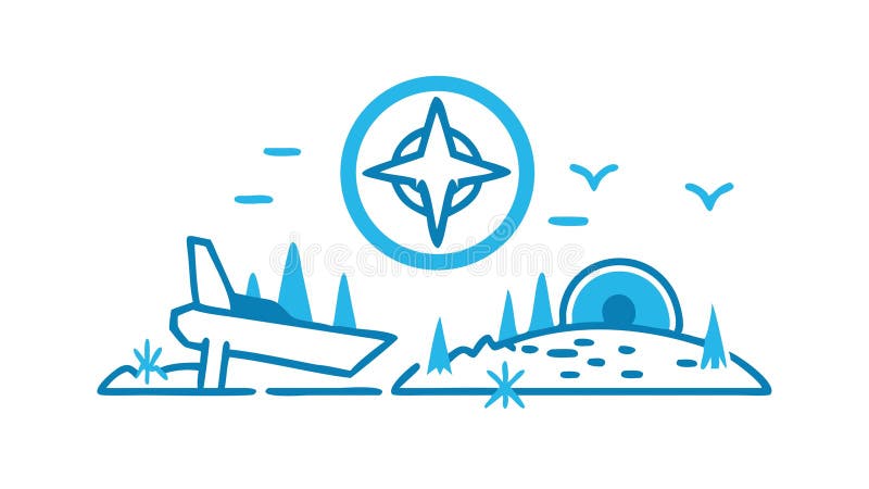 Plane Over Camping Scene with Compass, Adventure and Navigation, Vector ...
