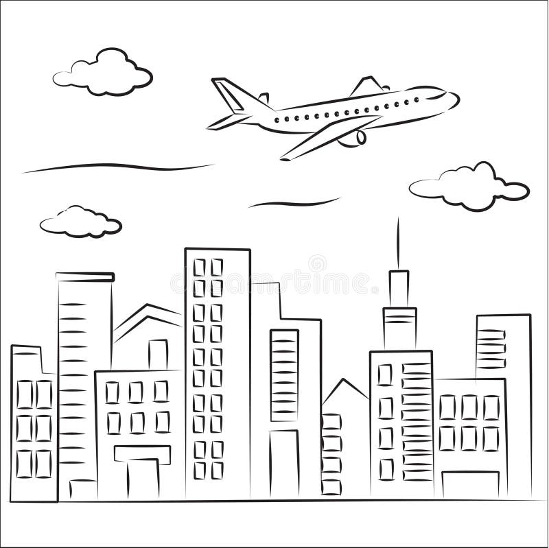 Plane over the city stock illustration. Illustration of building - 16037619