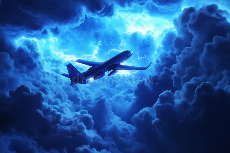 The Plane Passes through Clouds that are Neon Blue Ai Photo Stock ...