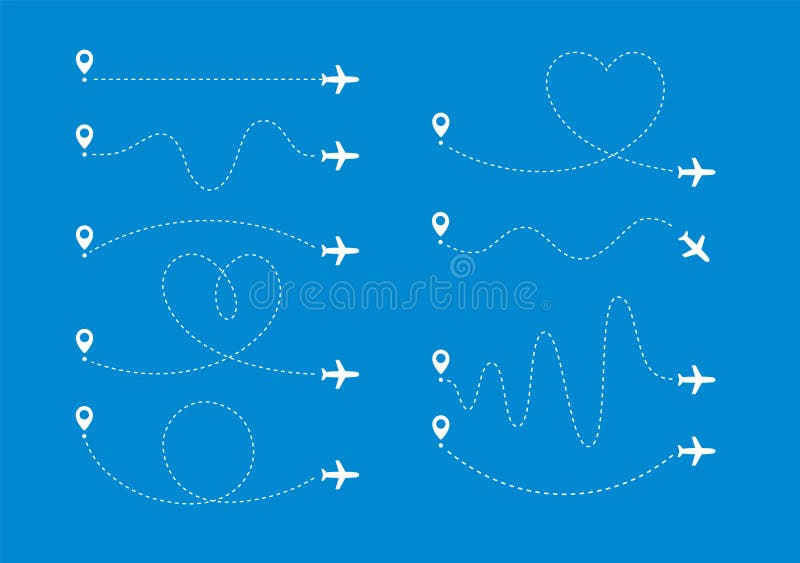 Plane Path Set. Flying Airplane Along Certain Curve Lines Way from ...