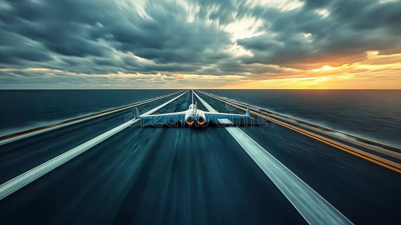 Plane Accelerates Down the Runway during Takeoff at Sunset Over the ...