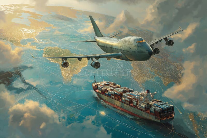 Cargo Plane and Container Ship Connect Continents Over Glowing Global ...