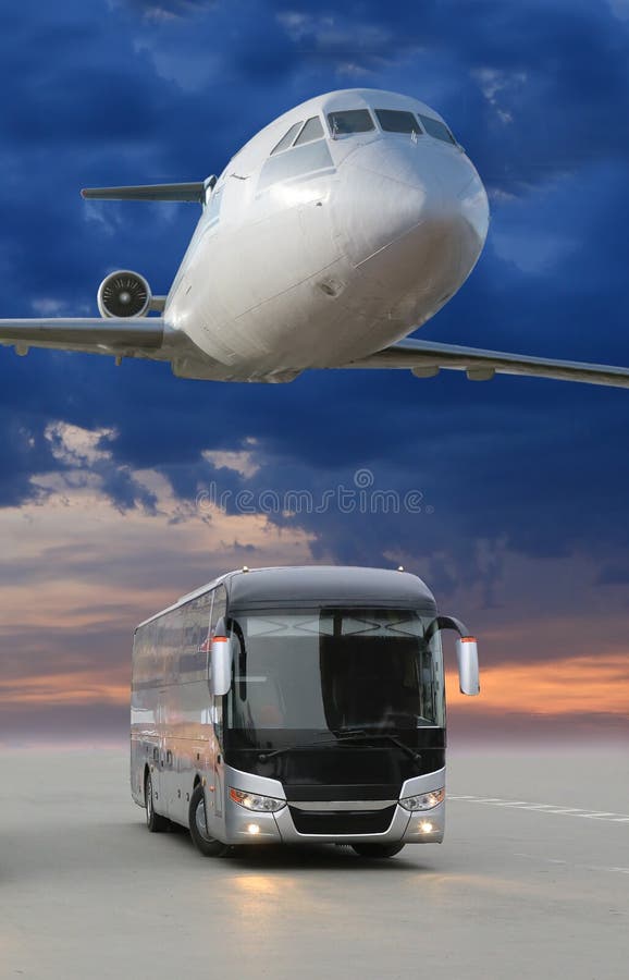 Plane in Sky Bus Going in City Stock Photo - Image of sunny, summer ...
