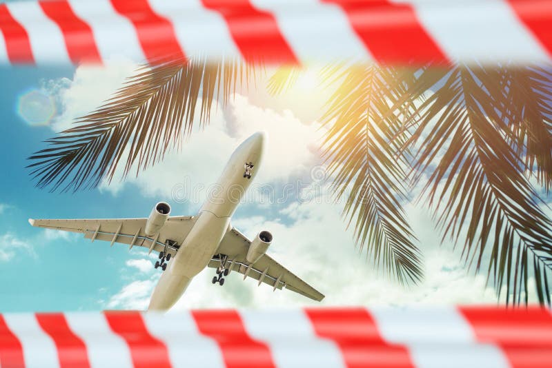 Plane in Sky Closed Warning Tape. Quarantine, Canceled Flight and ...
