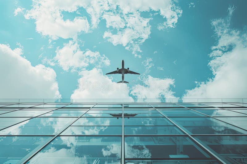 A Plane in the Sky Flies Over a Building with a Glass Wall Stock ...