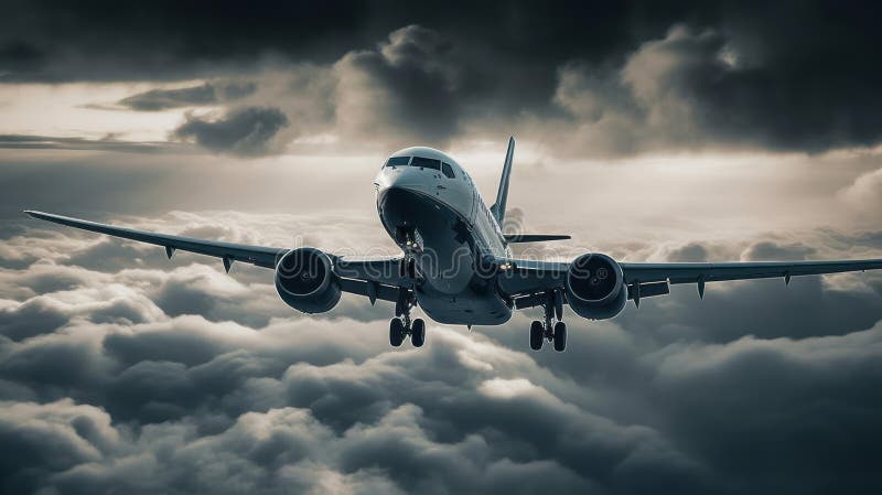 A Plane Flying through a Cloudy Sky Created with Generative AI Stock ...
