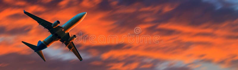 Plane at Sunset Flying Fast through the Sky Stock Photo - Image of ...