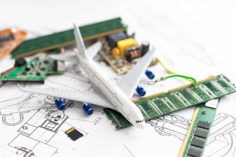 Plane Symbol with a Technological Electronics Circuit. Blue Background ...