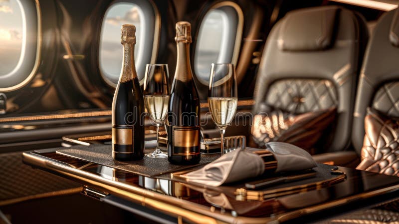 A Plane with a Table in the Middle of it with a Bottle of Champagne ...