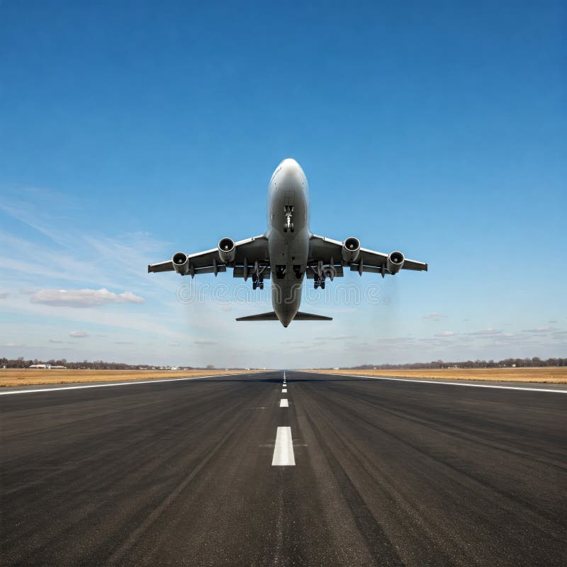 The Plane Takes Off from the Runway Against a Clear Sky. Stock Photo ...