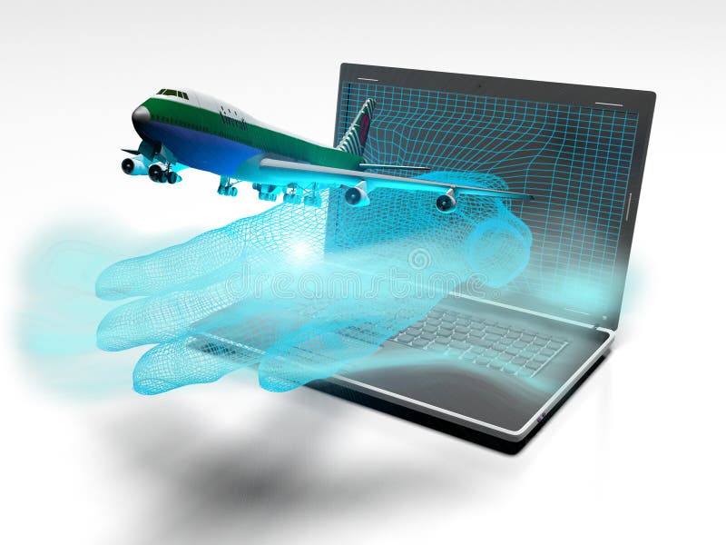 Plane Taking Off from the Laptop Hand, 3d Render Stock Illustration ...