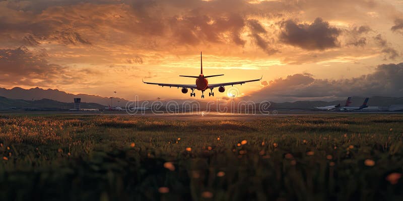 Plane Taking Off at Sunset: Field and Flowers, Mountain Range and ...