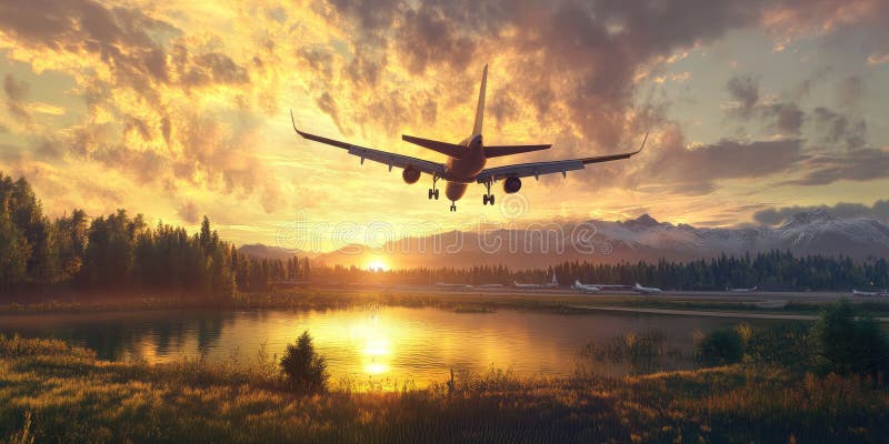 Plane Taking Off at Sunset: Field and Flowers, Mountain Range and ...