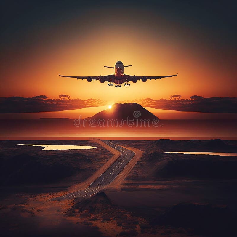 Plane Taking Off during Sunset. Illustration Generated with AI Stock ...
