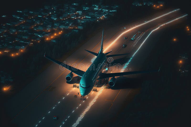 The Plane is about To Land on the Runway in the Dark. Generative AI ...