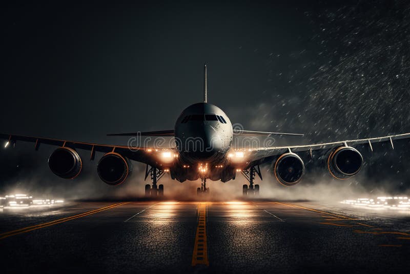 The Plane is about To Land on the Runway in the Dark. Generative AI ...