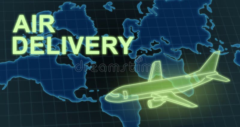 Plane Transporting Goods Over World Map and Words AIR DELIVERY ...
