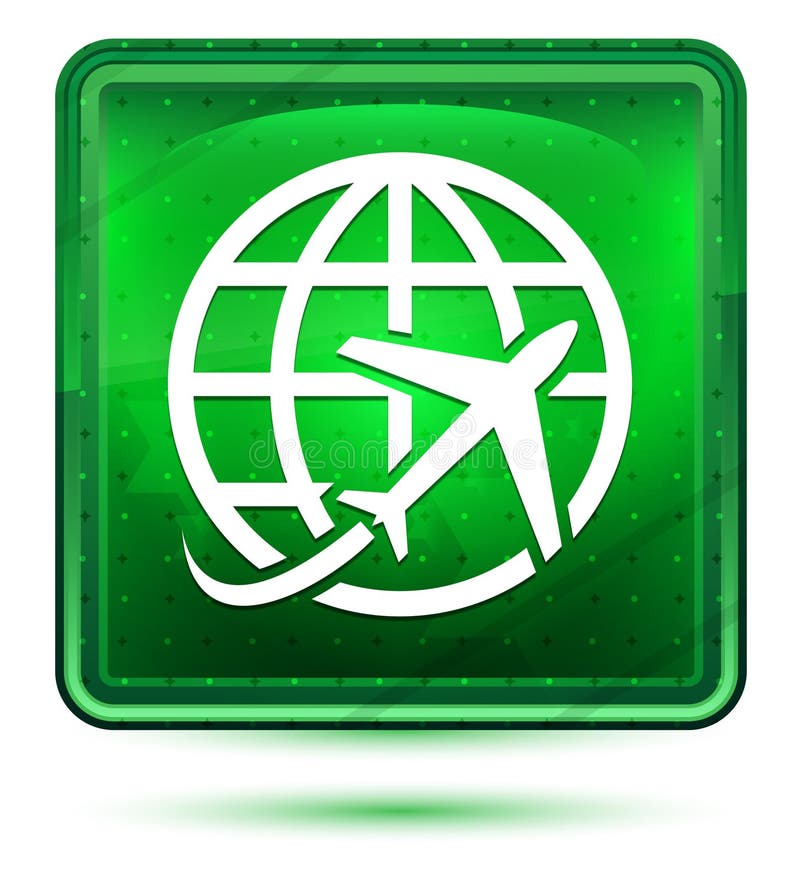 Plane World Icon Neon Light Green Square Button Stock Illustration ...