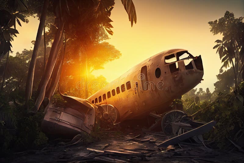 Plane Wreck in Jungle, with View of the Sun Setting Behind the Trees ...