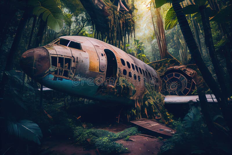 Plane Wreck Surrounded by Lush Vegetation in Serene Jungle Setting ... Plane Wreck Surrounded by Lush Vegetation in Serene Jungle Setting ...