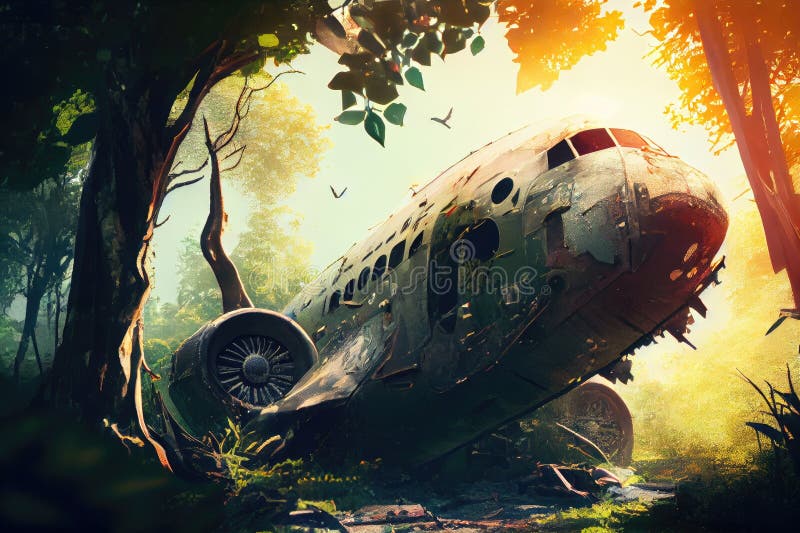 Plane Wreck Surrounded by Lush Vegetation, with Sunlight Filtering ...