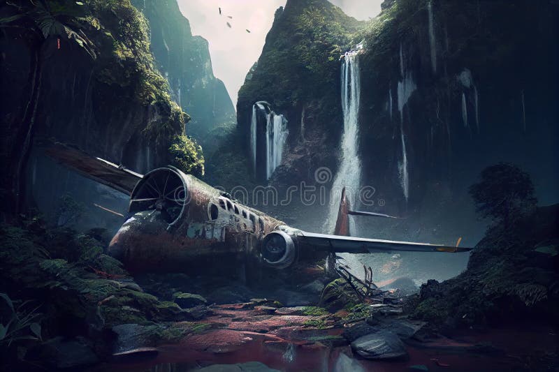 Plane Wreck with View of Towering Waterfall in Jungle Stock ...