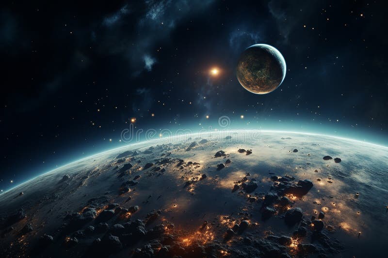 Planet and Big Moon in Outer Space with Starlight on Dark Sky ...