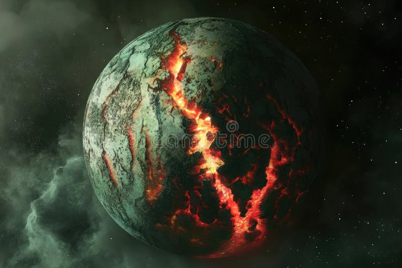 A Planet Cracking Open To Reveal a Core of Molten Emerald Light Stock ...
