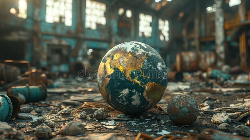 Planet Earth at an Abandoned Factory, Environmental Problems Concept ...