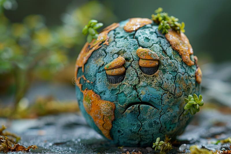 Planet Earth Appears Tired with Somber Expression, Surrounded by Nature ...