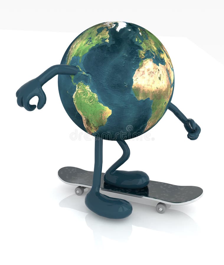 Planet Earth with Arms and Legs on Skateboard Stock Illustration ...
