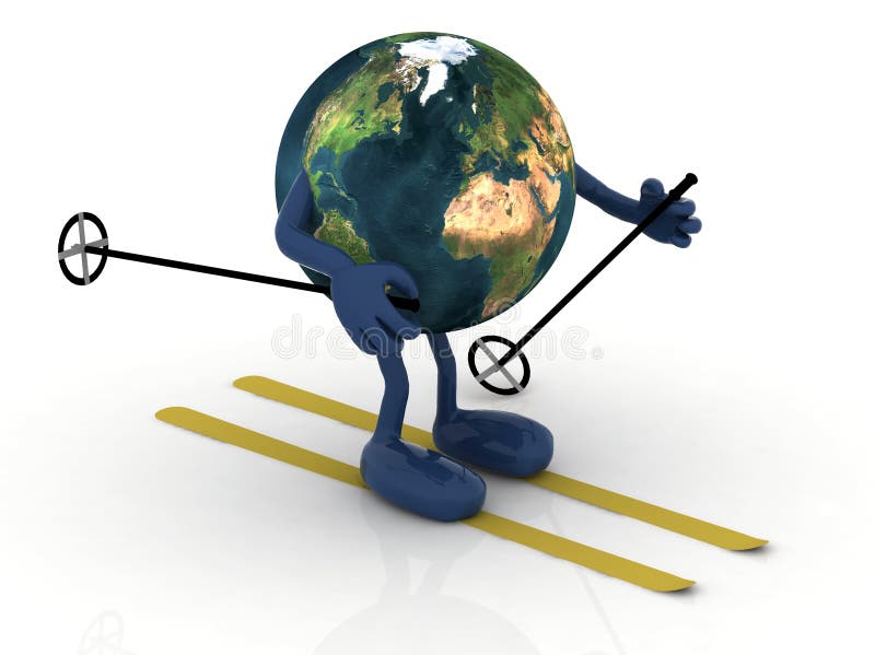 Planet Earth with Arms and Legs, Ski and Stick Stock Illustration ...