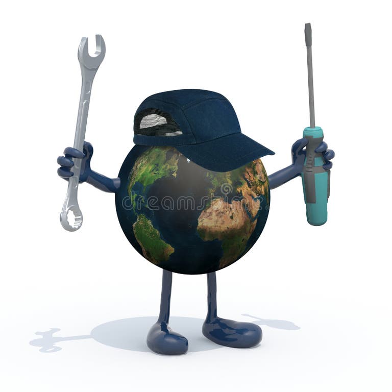 Planet Earth with Arms, Legs and Tools on Hands Stock Illustration ...