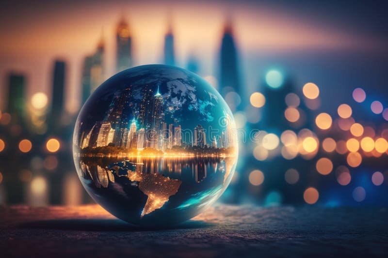 Planet Earth on the Background of Blurred Lights of the City Generative ...