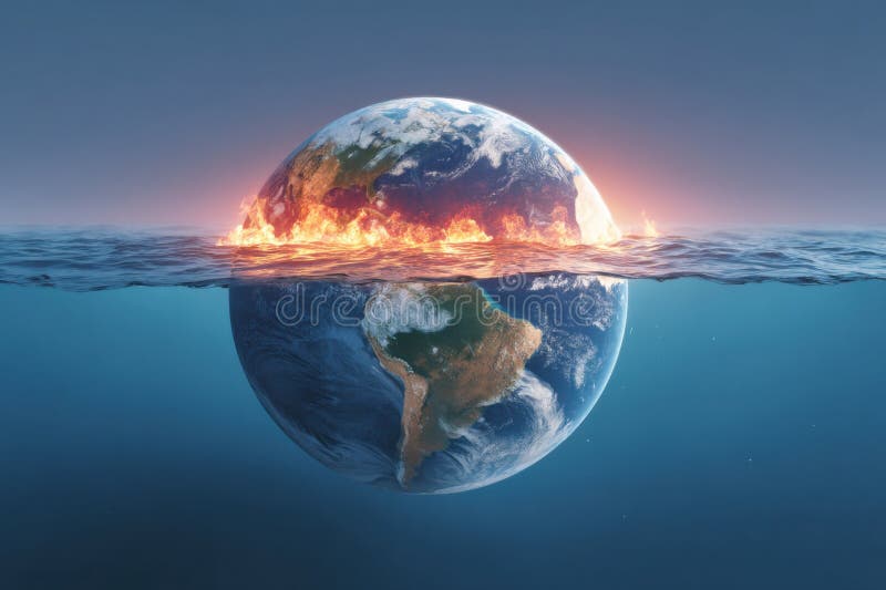 Planet Earth Burning and Sinking Underwater, Depicting Global Warming ...