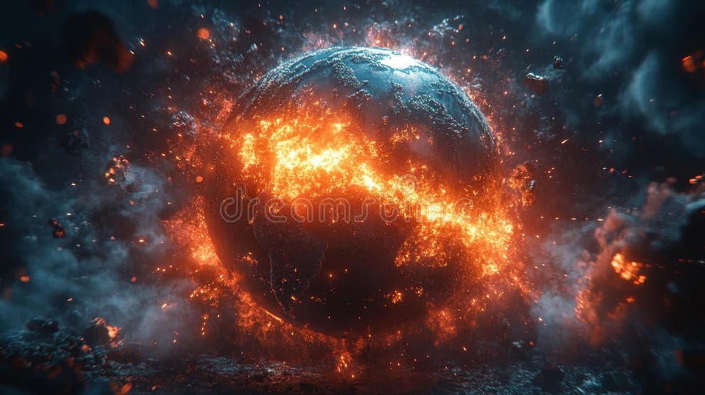 Exploding Earth in Space with Fiery Details Stock Illustration ...