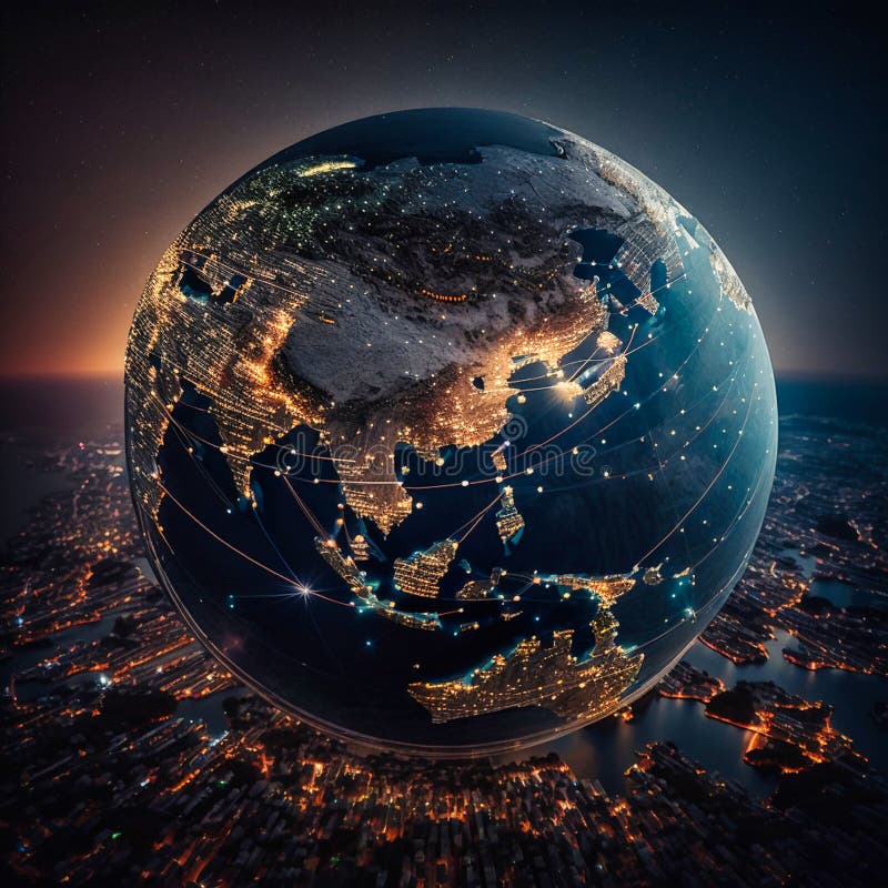 Planet Earth City Lights and Worldwide Network Gro, Generative AI Stock ...