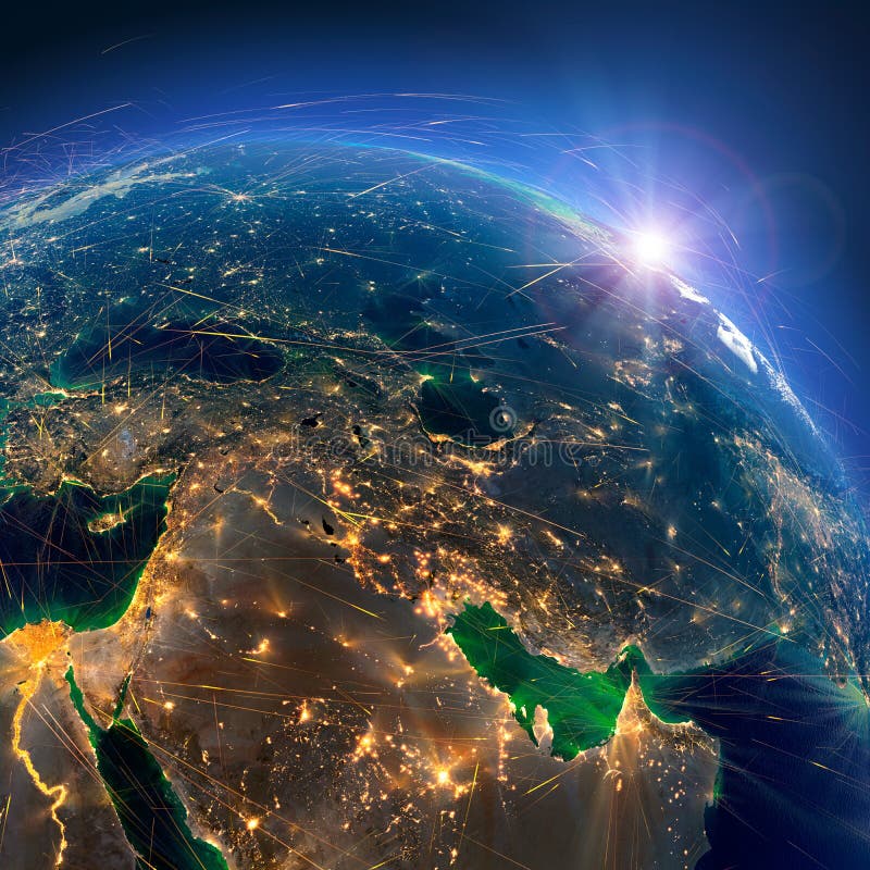 Detailed Air Routes on Earth. Countries in the Middle East. 3D ...