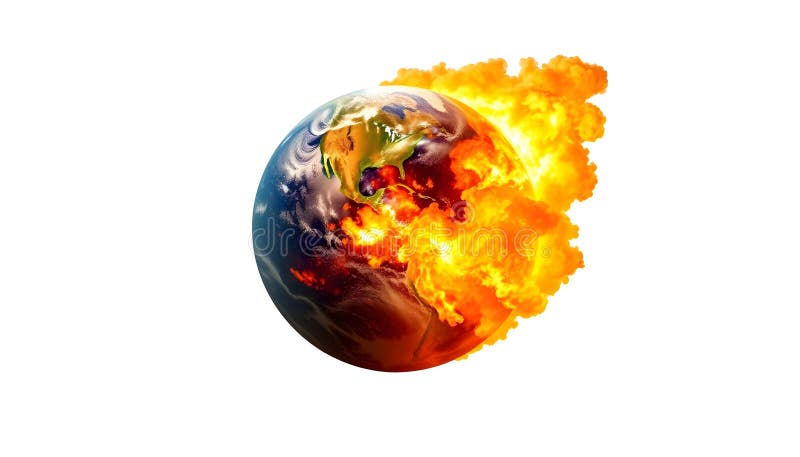 Planet Earth Explodes in Fire on Isolated White Background Stock ...