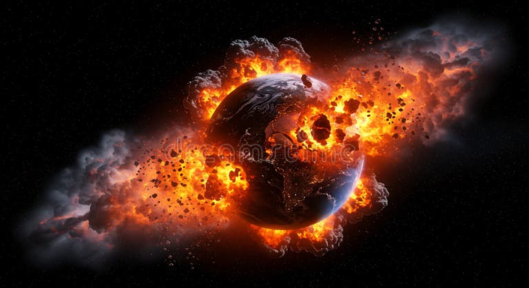Planet Earth Explosion with Fire and Debris in Dark Outer Space Ai ...