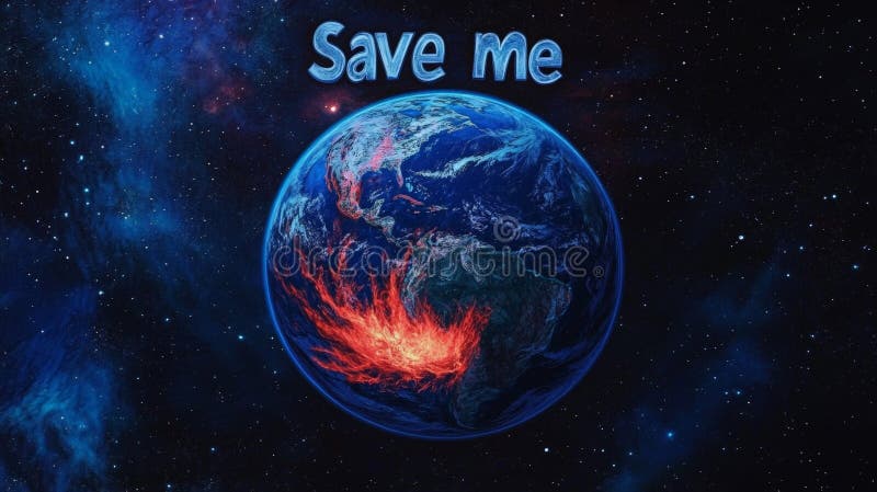 Planet Earth with Fiery Artwork and Save Me Message in Space Stock ...