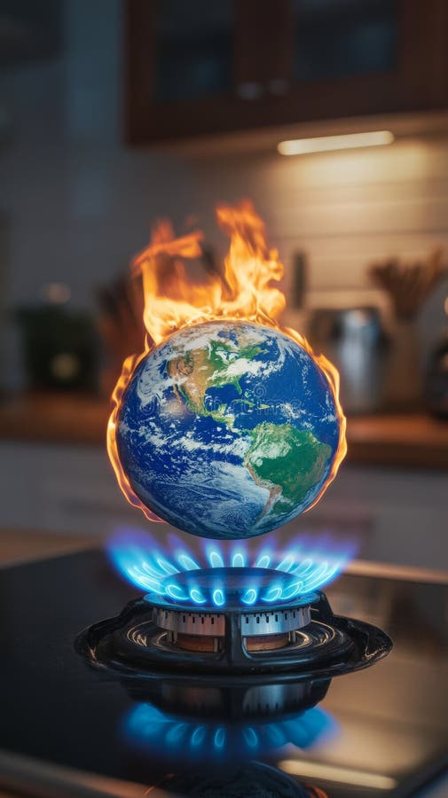 Planet Earth on Fire Atop a Gas Stove, Climate Change Concept Stock ...