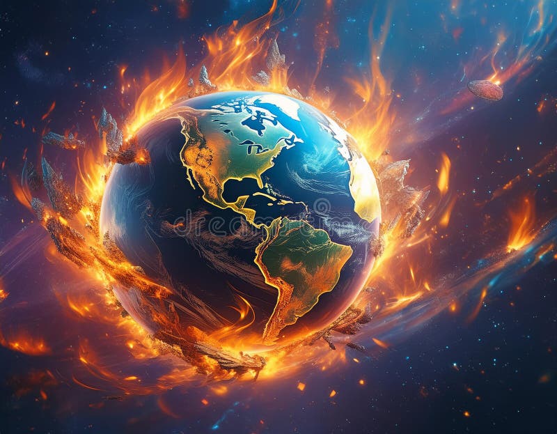 Planet Earth on Fire in Outer Space Stock Illustration - Illustration ...