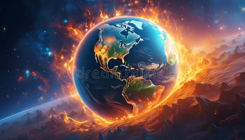 Planet Earth on Fire in Outer Space Stock Illustration - Illustration ...