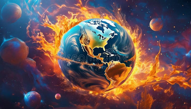 Planet Earth on Fire in Outer Space Stock Illustration - Illustration ...